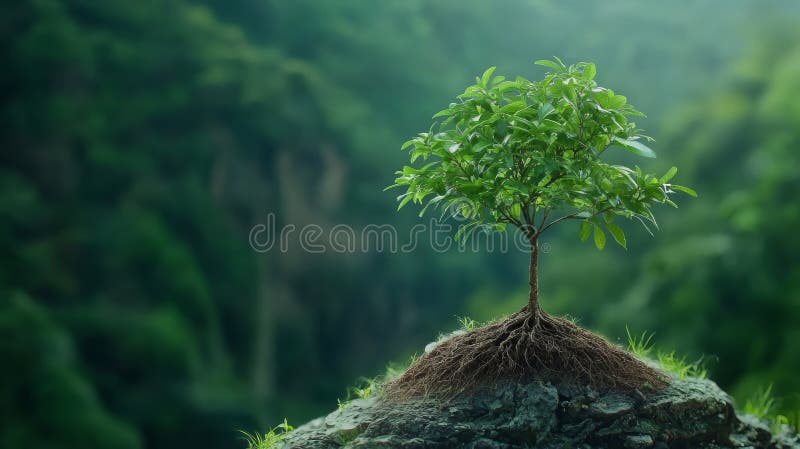 Vibrant Tree with Exposed Roots Growing on Rocky Surface, Symbolizing ...