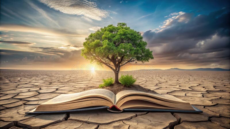 A Vibrant Tree Flourishing from an Open Book in a Parched Landscape ...
