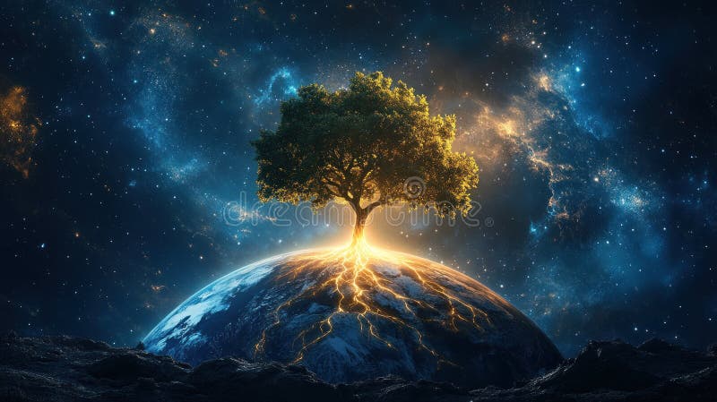 A Vibrant Tree Grows from Earths Surface, Radiating Energy in Space ...