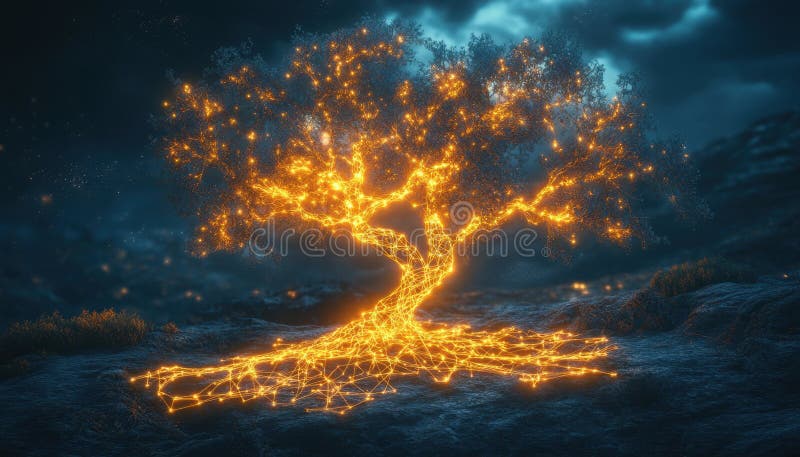 Glowing Tree in a Mystical Landscape at Twilight with Illuminated Roots ...