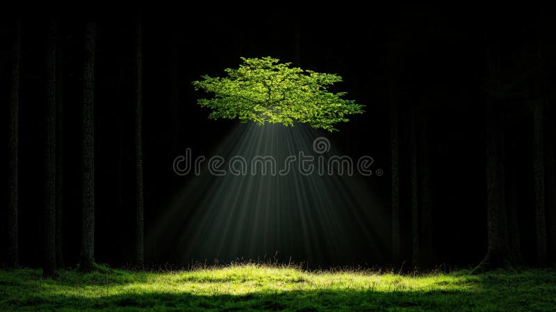 A Vibrant Tree Illuminated by Rays of Light in a Dark Forest Setting ...
