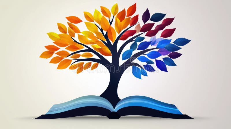Vibrant Tree of Knowledge Emerging from Open Book with Colorful Leaves ...