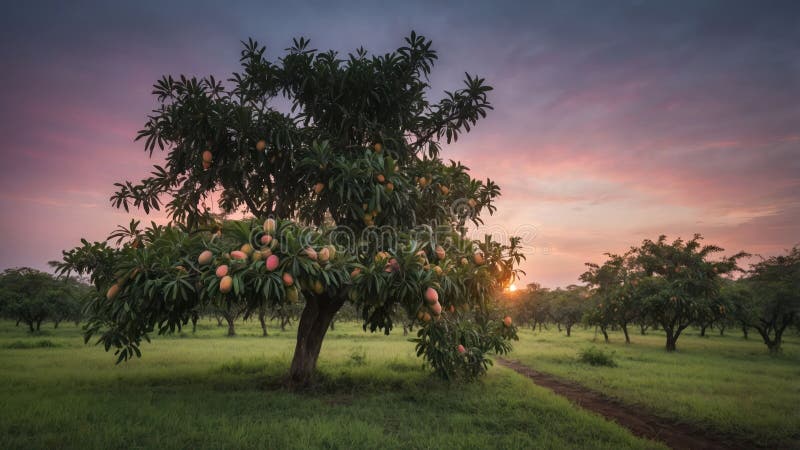 Mango Orchard Sunset Landscape: Vibrant Sunset Over a Lush Mango ...