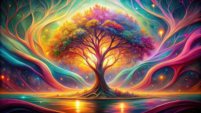 Vibrant Tree of Life in a Surreal, Colorful Landscape with Celestial ...