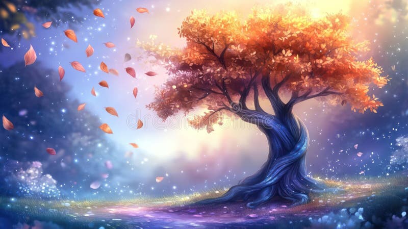A Vibrant Tree in a Magical Landscape with Falling Leaves and Soft ...