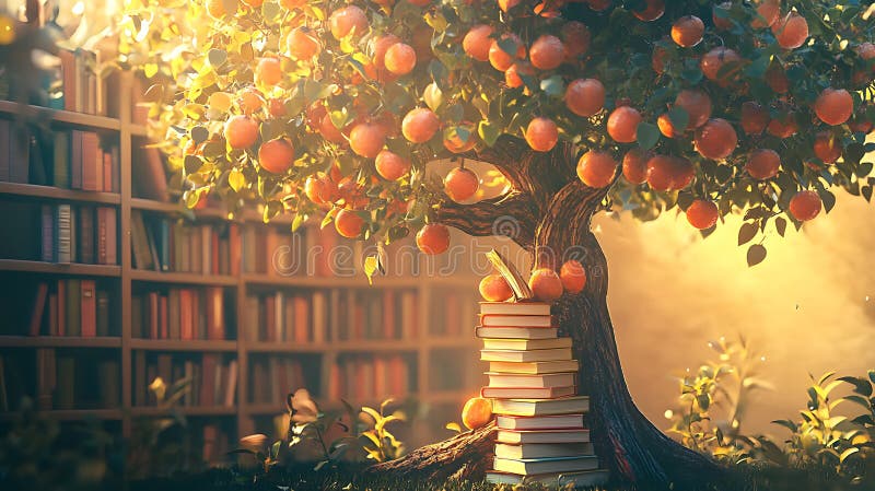 A Vibrant Tree with Oranges beside Stacked Books, Warm Lighting Stock ...