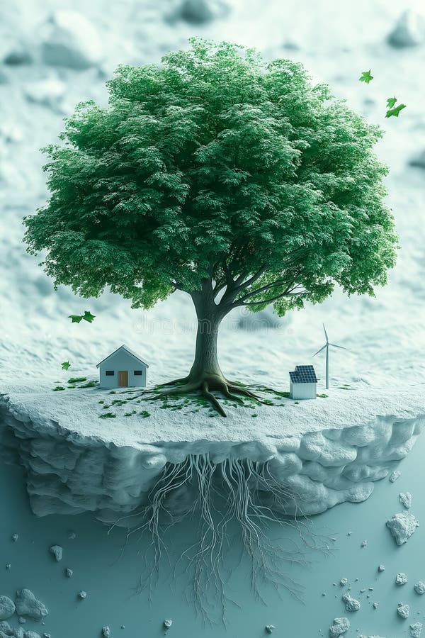 A Vibrant Tree Soaring Over a Surreal Landscape of Floating Homes and ...