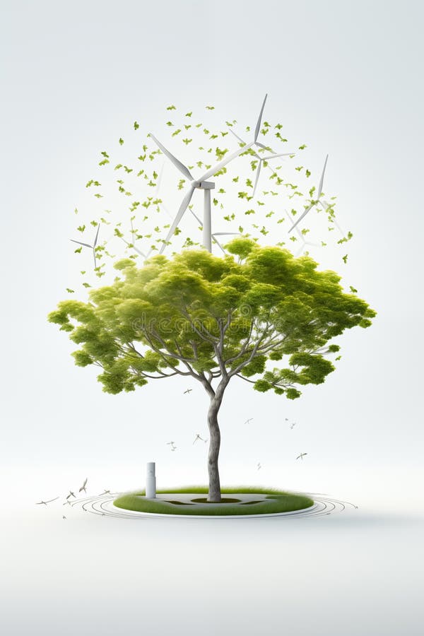 Vibrant Tree Surrounded Wind Turbines Symbolizing Renewable Energy ...