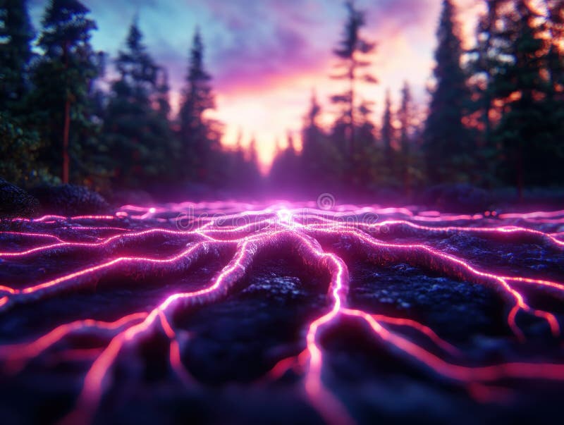 Vibrant Trees Connected by a Glowing Root Network a Stunning ...