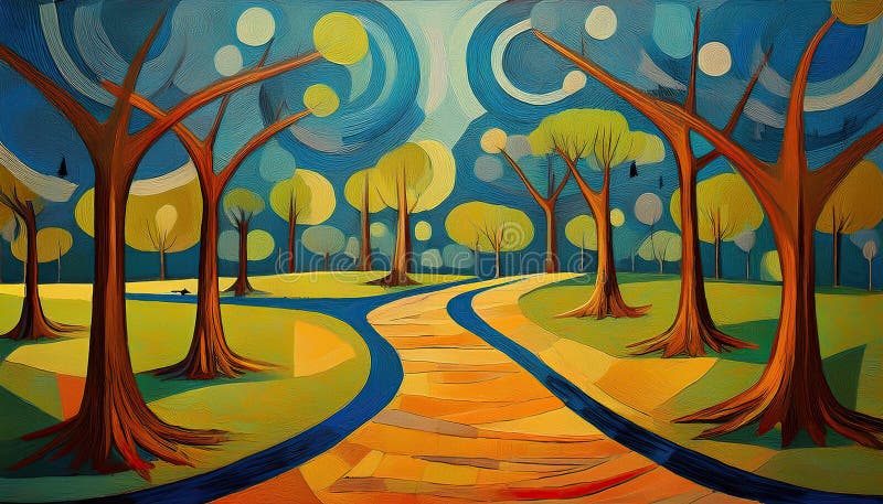 Vibrant Trees and Path Scene in Concentric Textures Stock Illustration ...