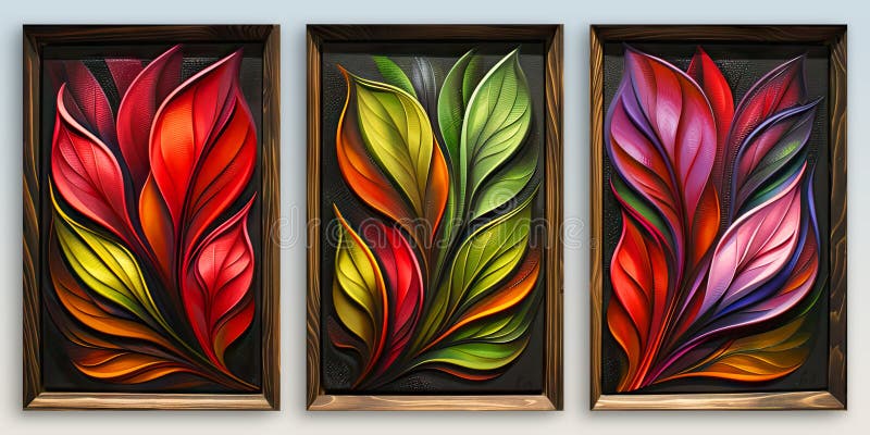 Vibrant Leaf-themed Triptych with Wood Frames Stock Illustration ...