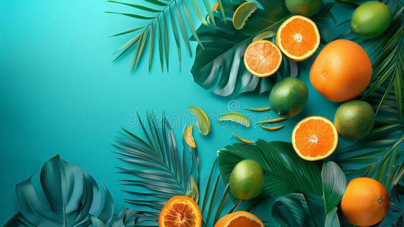 A Vibrant Tropical Backdrop with Palm Leaves and Exotic Fruits Stock ...