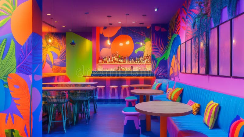 Vibrant Tropical Bar Interior Design with Neon Lighting and Pixel Art Decor Stock Illustration ...