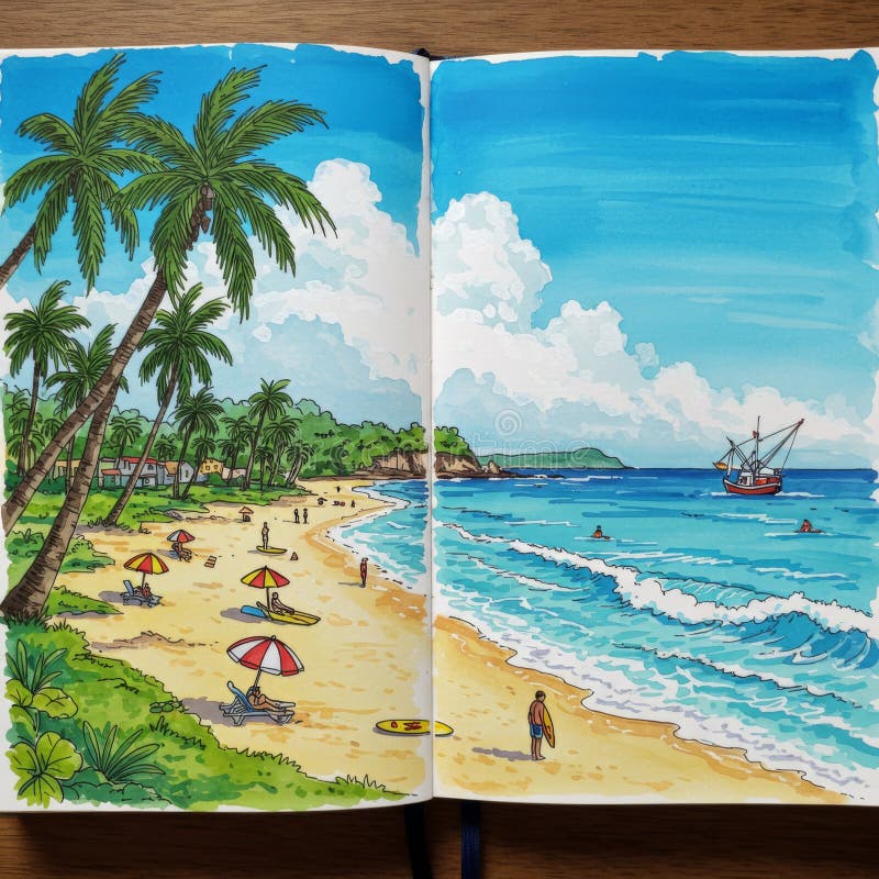 Vibrant Tropical Beach Scene Artwork Stock Illustration - Illustration ...