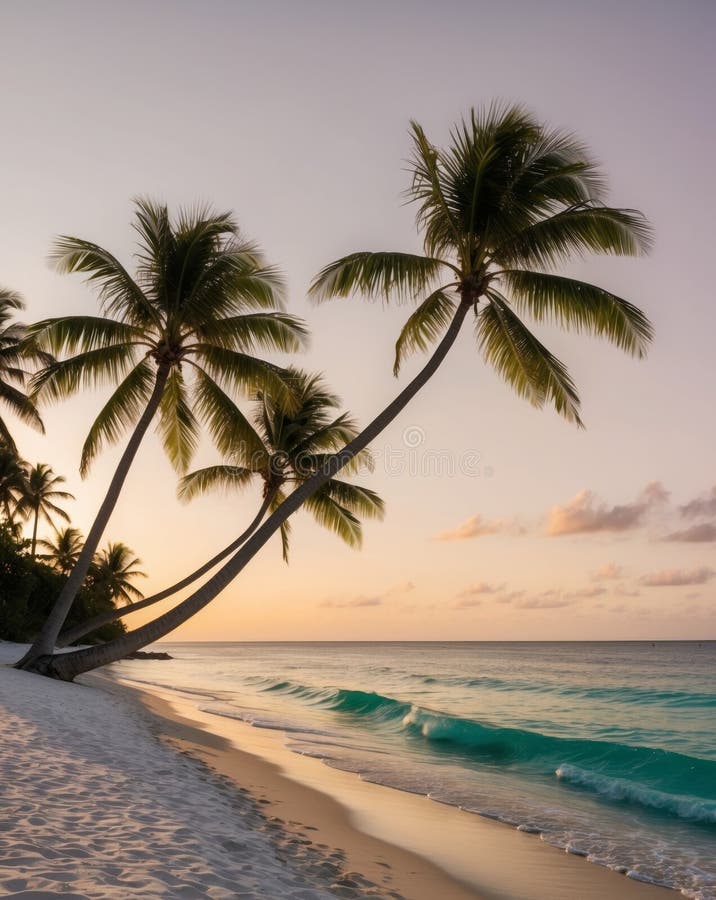 Vibrant Tropical Beach Scene at Sunset with Palm Trees Stock Photo ...