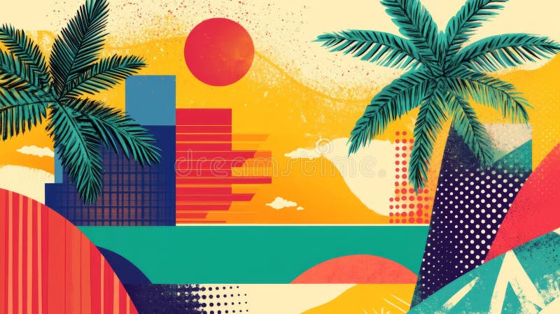 Vibrant Tropical Cityscape Sunset Illustration Stock Illustration ...