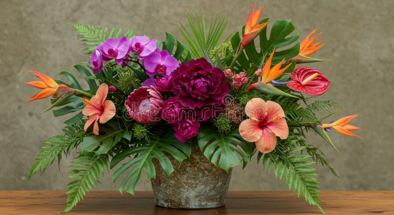 Vibrant Tropical Flower Arrangement in Rustic Pot Stock Illustration ...