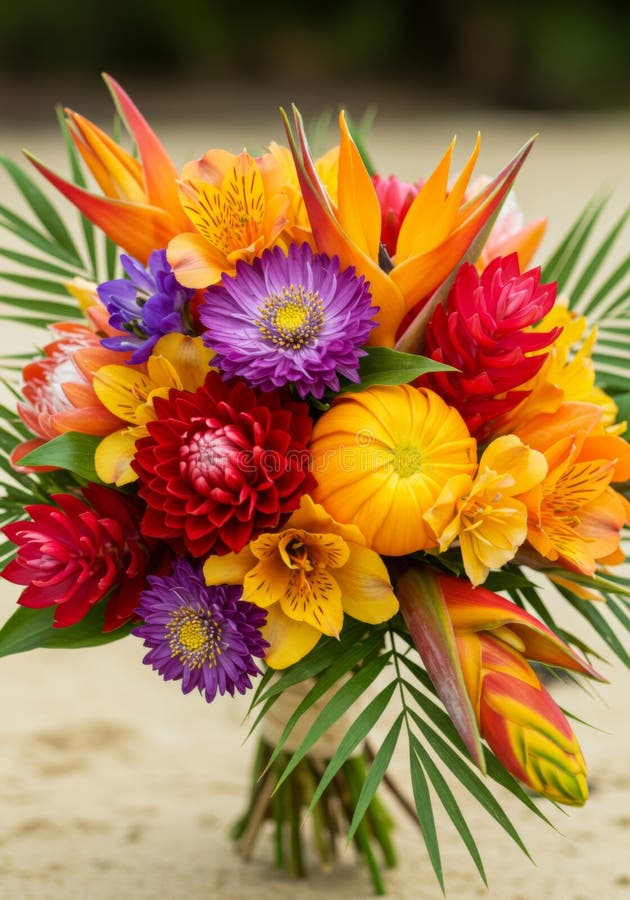 Vibrant Tropical Flower Bouquet on Sandy Beach Stock Illustration ...
