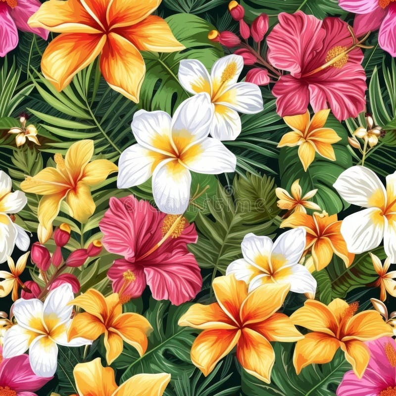Vibrant Tropical Flower Pattern with Lush Greenery Stock Image - Image ...
