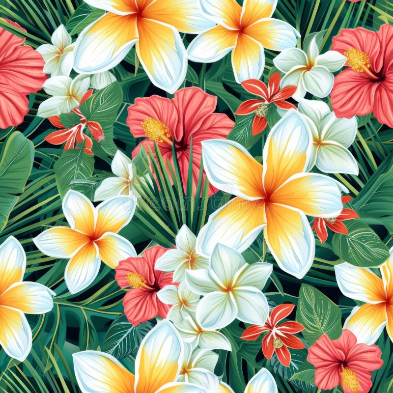 Vibrant Tropical Flower Pattern with Lush Greenery Stock Photo - Image ...