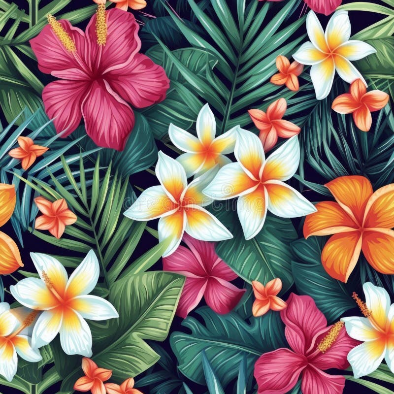 Vibrant Tropical Flower Pattern with Lush Greenery Stock Photo - Image ...