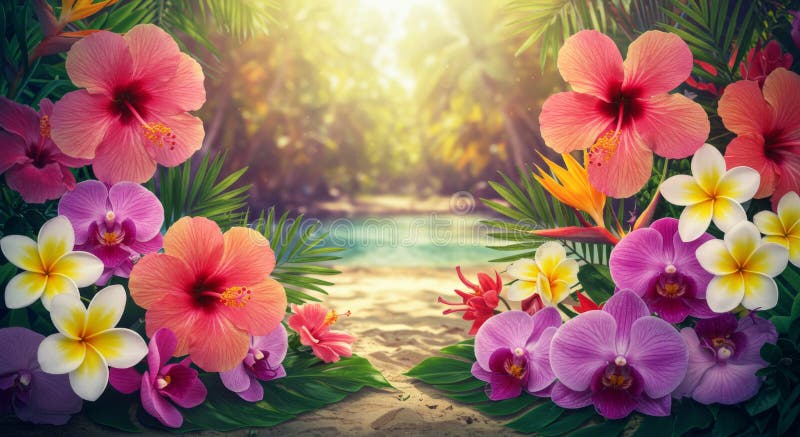 Vibrant Tropical Flowers Frame Sunny Beach Scene Stock Illustration ...