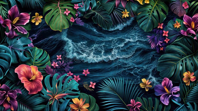 Vibrant Tropical Flowers and Ocean Waves Pattern Stock Image - Image of ...