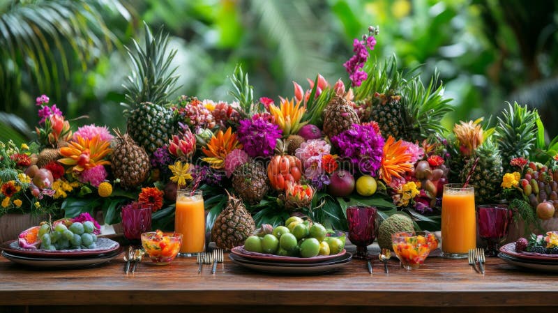 Vibrant Tropical Fruit and Flower Table Setting Stock Illustration ...