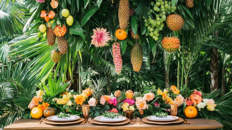 Vibrant Tropical Fruit and Flower Table Setting Stock Illustration ...