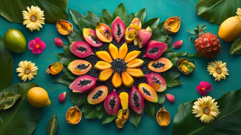 Vibrant Tropical Fruit Mandala on Teal Background Stock Illustration ...
