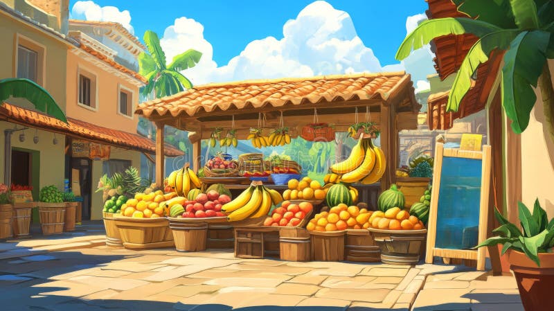Vibrant Tropical Fruit Market in Sunny Village Stock Illustration ...