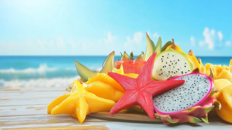 Vibrant Tropical Fruit Platter Against Sunny Beach Background, Created ...