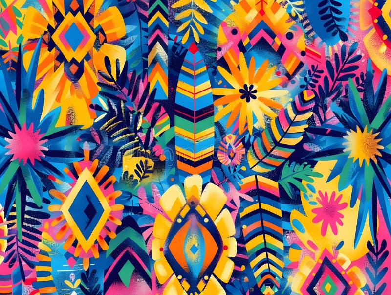 Vibrant Tropical Geometric Floral Pattern with Repeating Shapes and ...