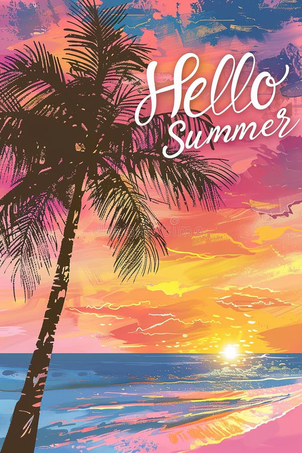 Vibrant Tropical Hello Summer Graphic with Sunset and Palm Tree Stock ...