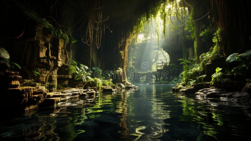 Vibrant Tropical Jungle Setting with Sunlit River and Lush Greenery for ...