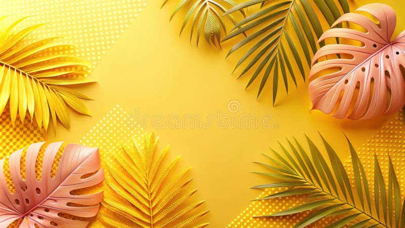 Vibrant Tropical Leaf Composition on Yellow Background with Geometric ...