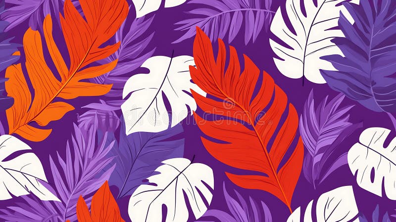 Vibrant Tropical Leaf Pattern Purple Orange White Background Stock ...