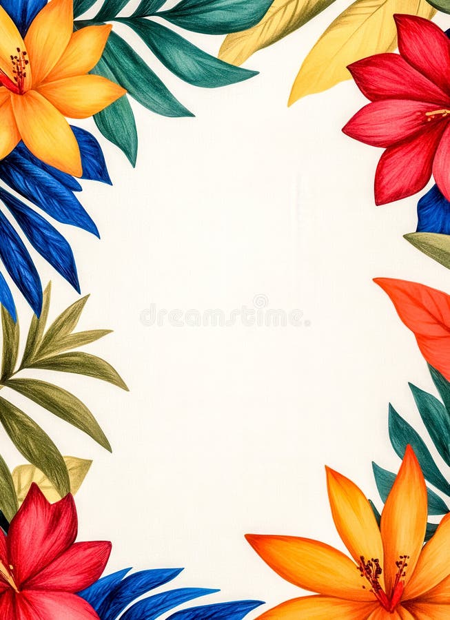 Vibrant Tropical Leaves and Flowers Frame White Background Stock Photo ...
