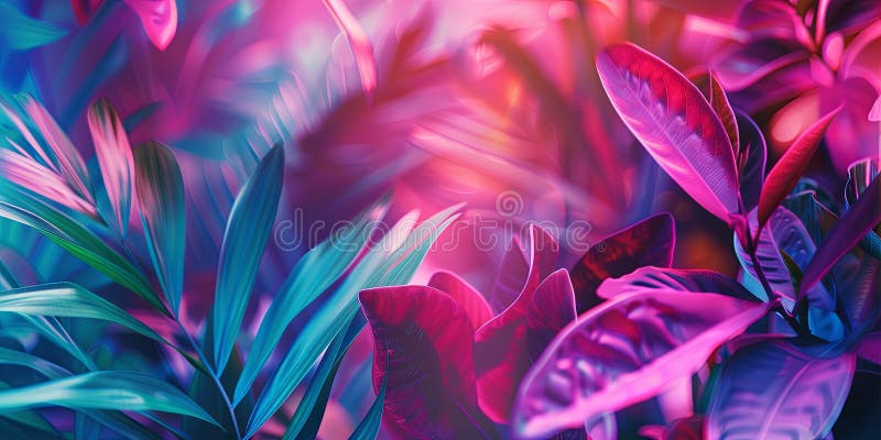 Vibrant Tropical Leaves in a Neon Light Effect Stock Illustration ...