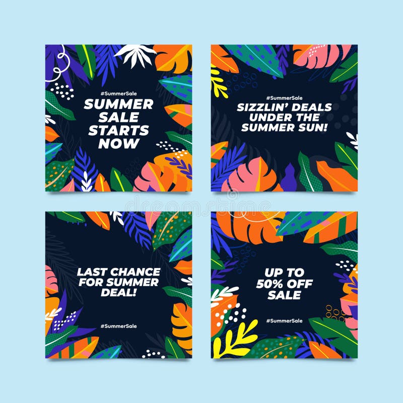 Vibrant Tropical Leaves Summer Square Card Set Stock Vector - Illustration of vibrant, abstract ...