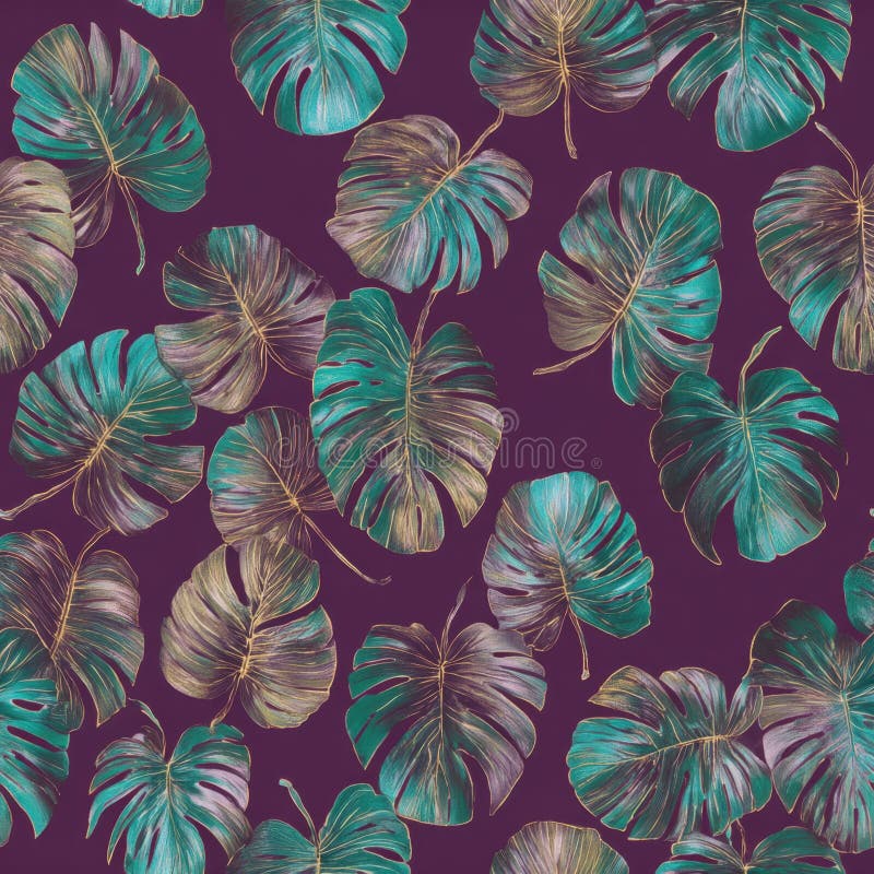 Vibrant Tropical Monstera Leaves Pattern on Deep Purple Background. Stock Photo - Image of ...