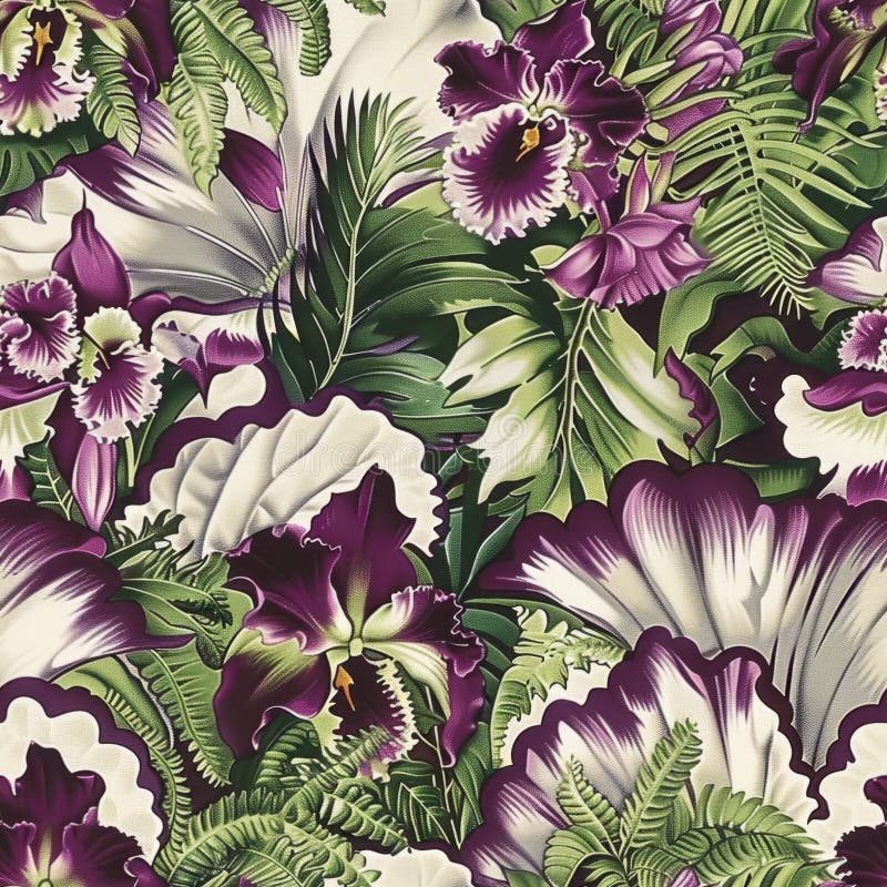 Vibrant Tropical Orchid and Fern Pattern Textile Design Stock Image ...