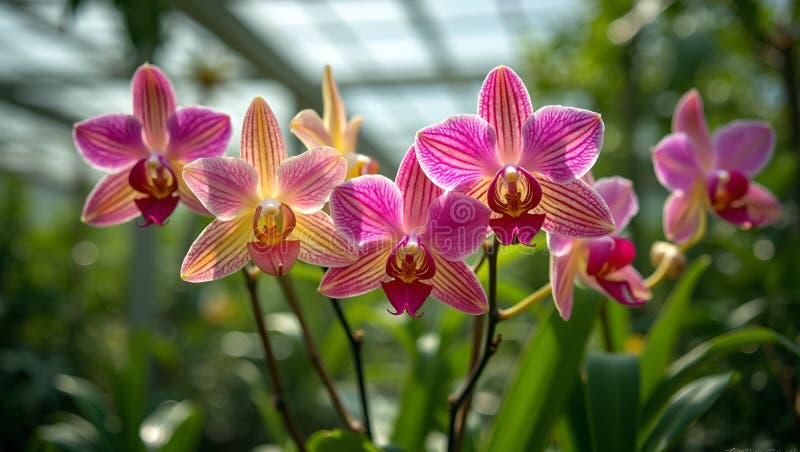 Vibrant Tropical Orchids in Lush Greenhouse Setting Stock Illustration ...