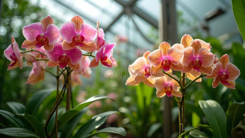 Vibrant Tropical Orchids in Lush Greenhouse Setting Stock Illustration ...