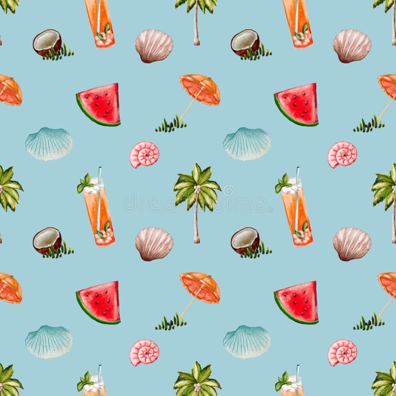 Vibrant Tropical Pattern in Watercolor Featuring Fruits and Shells for ...