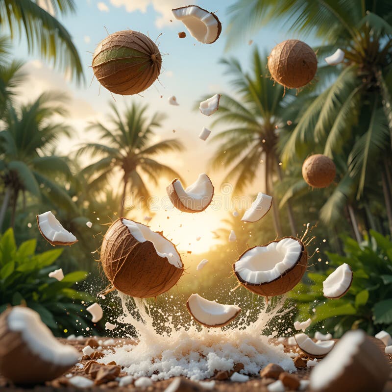 Vibrant Tropical Scene with Pieces of Coconut Falling Mid-air, Captured ...