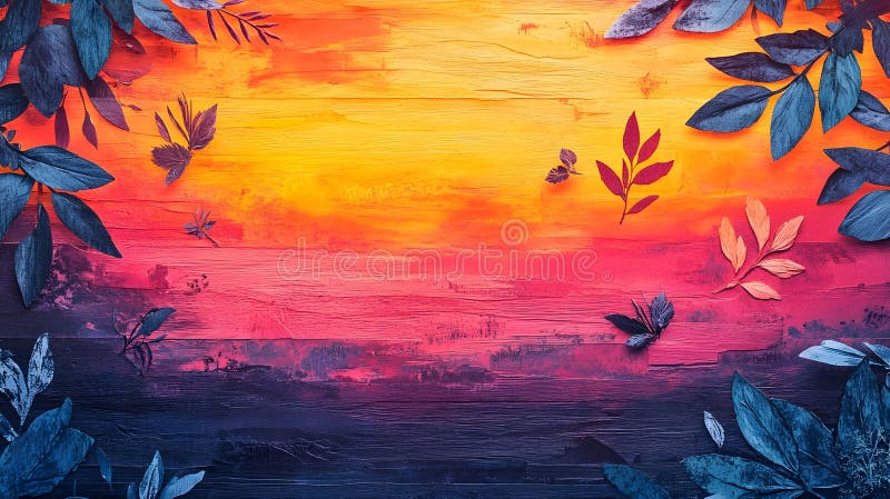 Vibrant Tropical Sunset with Floating Botanical Elements on Pressed ...