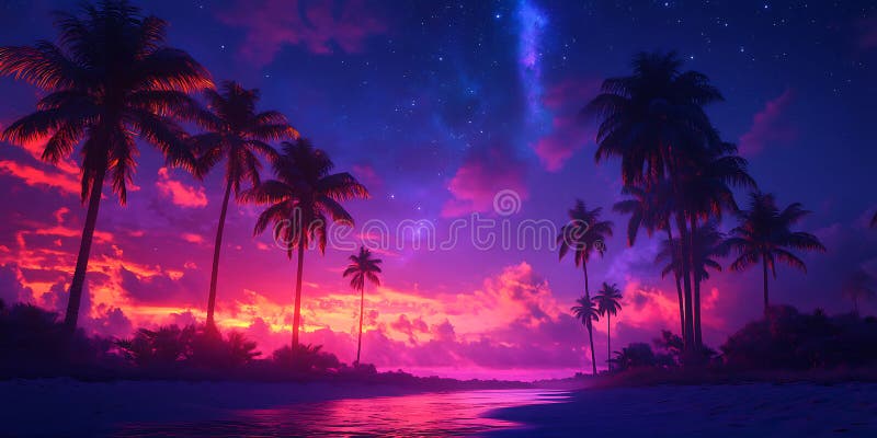 Vibrant Tropical Sunset Night Sky Palm Tree Landscape Stock ...