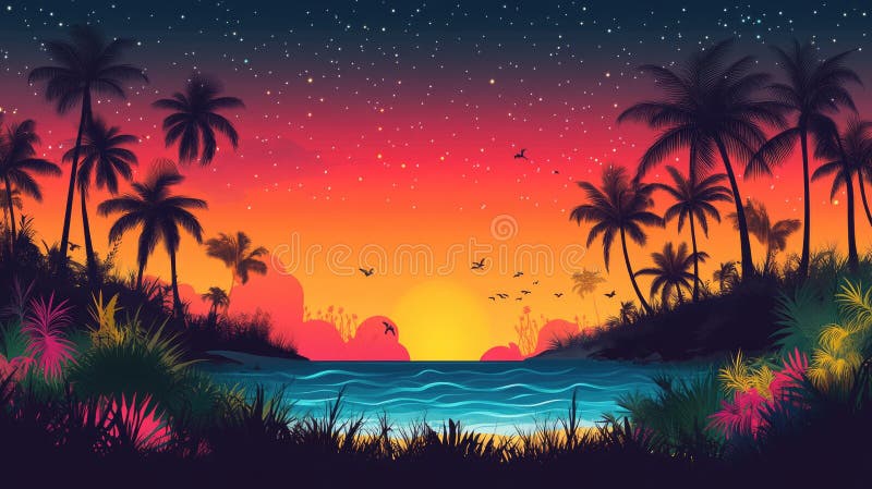 Vibrant Tropical Sunset with Palm Trees and Night Sky Over Ocean Stock ...
