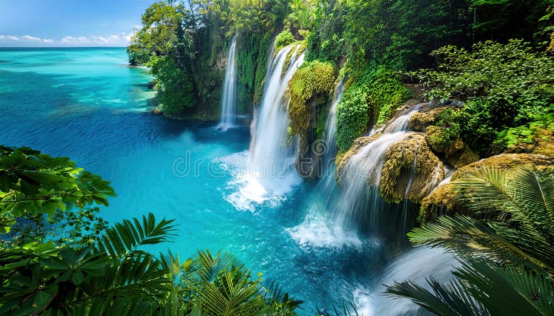 A Vibrant Tropical Waterfall Cascading into a Crystal Blue Lagoon ...